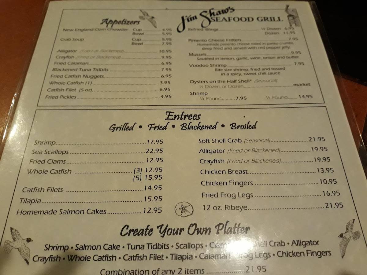 Menu at Jim Shaw's Seafood Grill restaurant, Macon