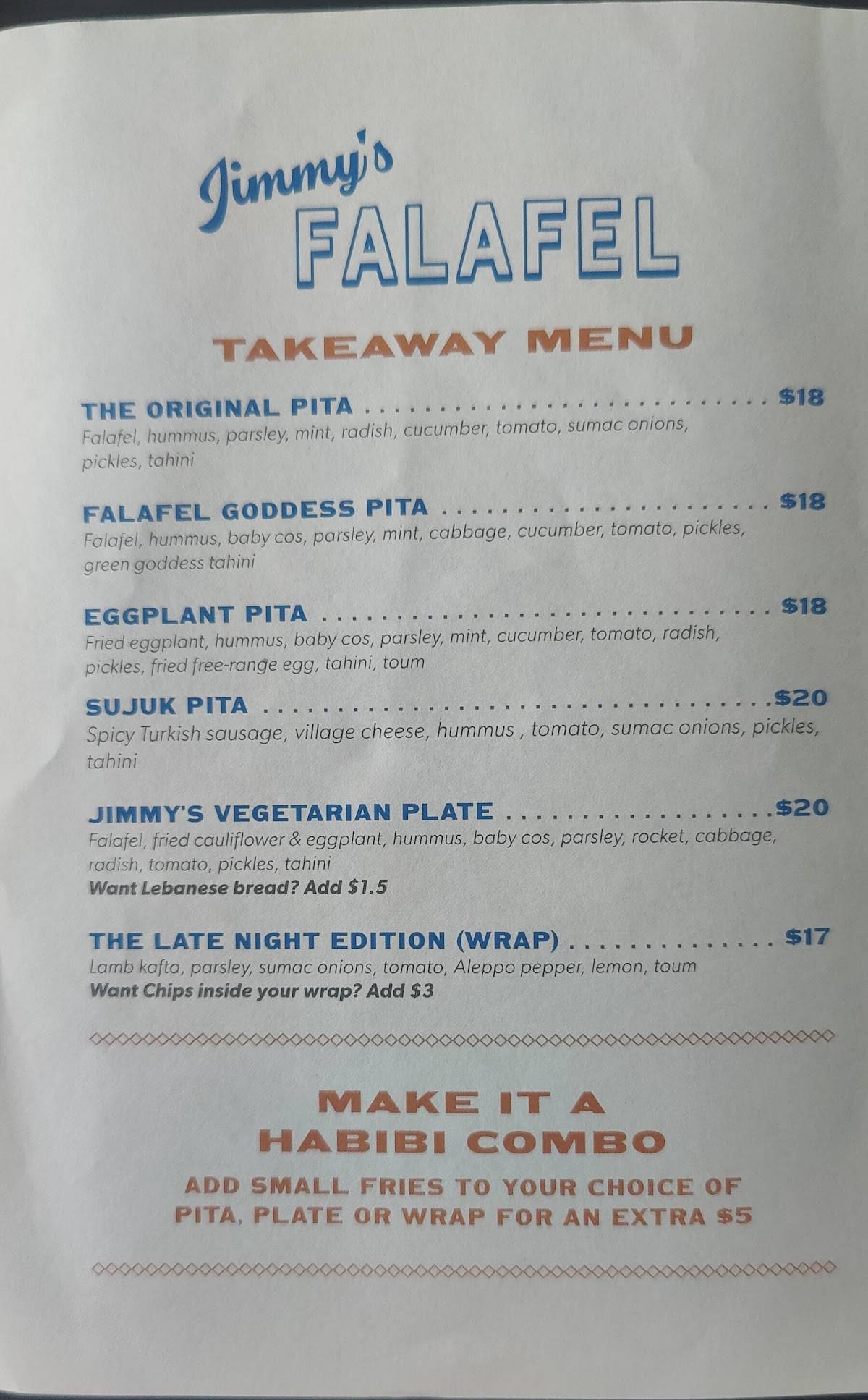 Menu at Jimmy’s Falafel restaurant, Sydney