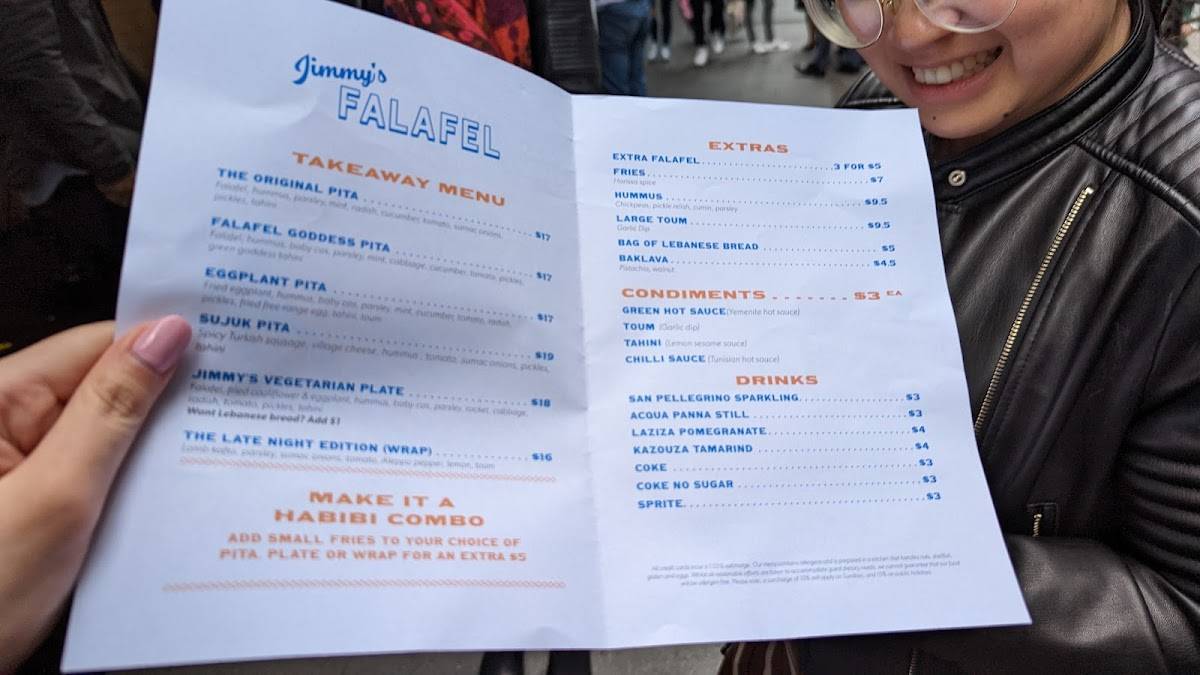 Menu at Jimmy’s Falafel restaurant, Sydney