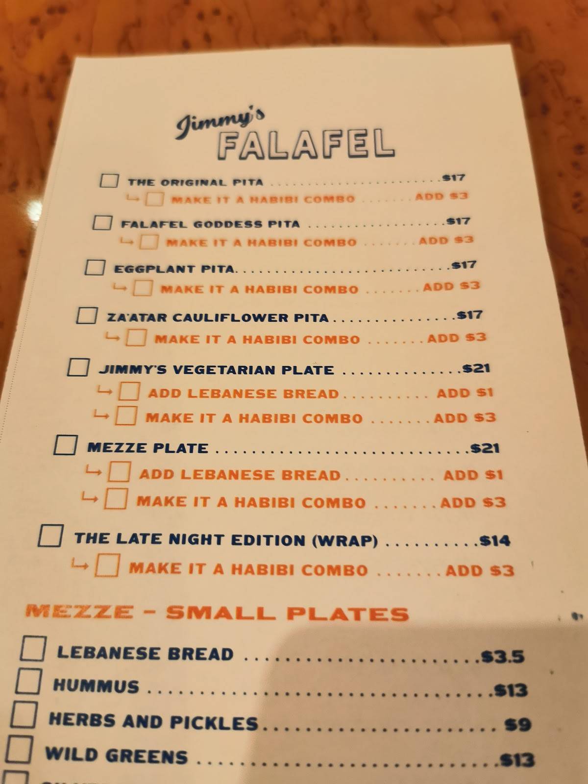 Menu at Jimmy’s Falafel restaurant, Sydney