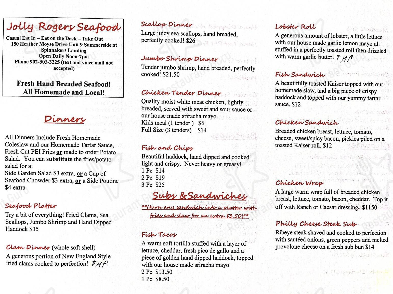Menu at Jolly Rogers Seafood restaurant, Summerside