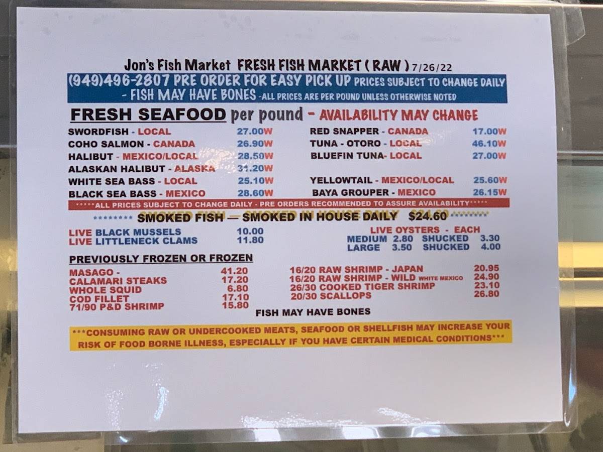 Menu at Jon's Fish Market restaurant, Dana Point