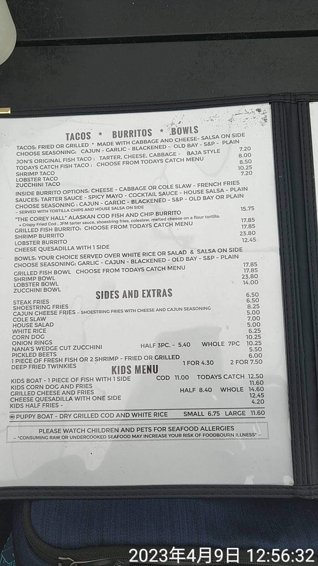 Menu at Jon's Fish Market restaurant, Dana Point
