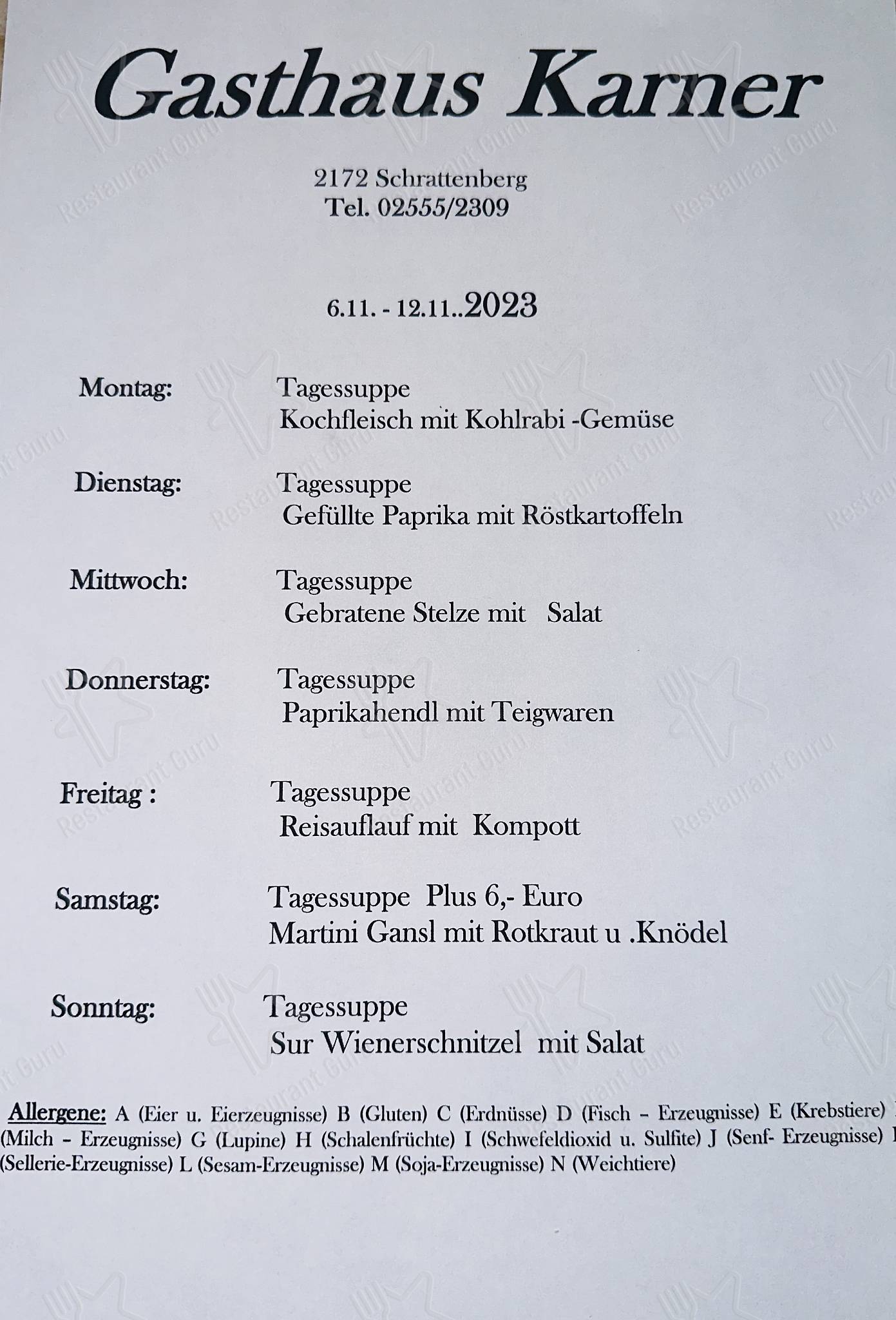 Speisekarte von Josef Karner restaurant, Schrattenberg bei Poysdorf