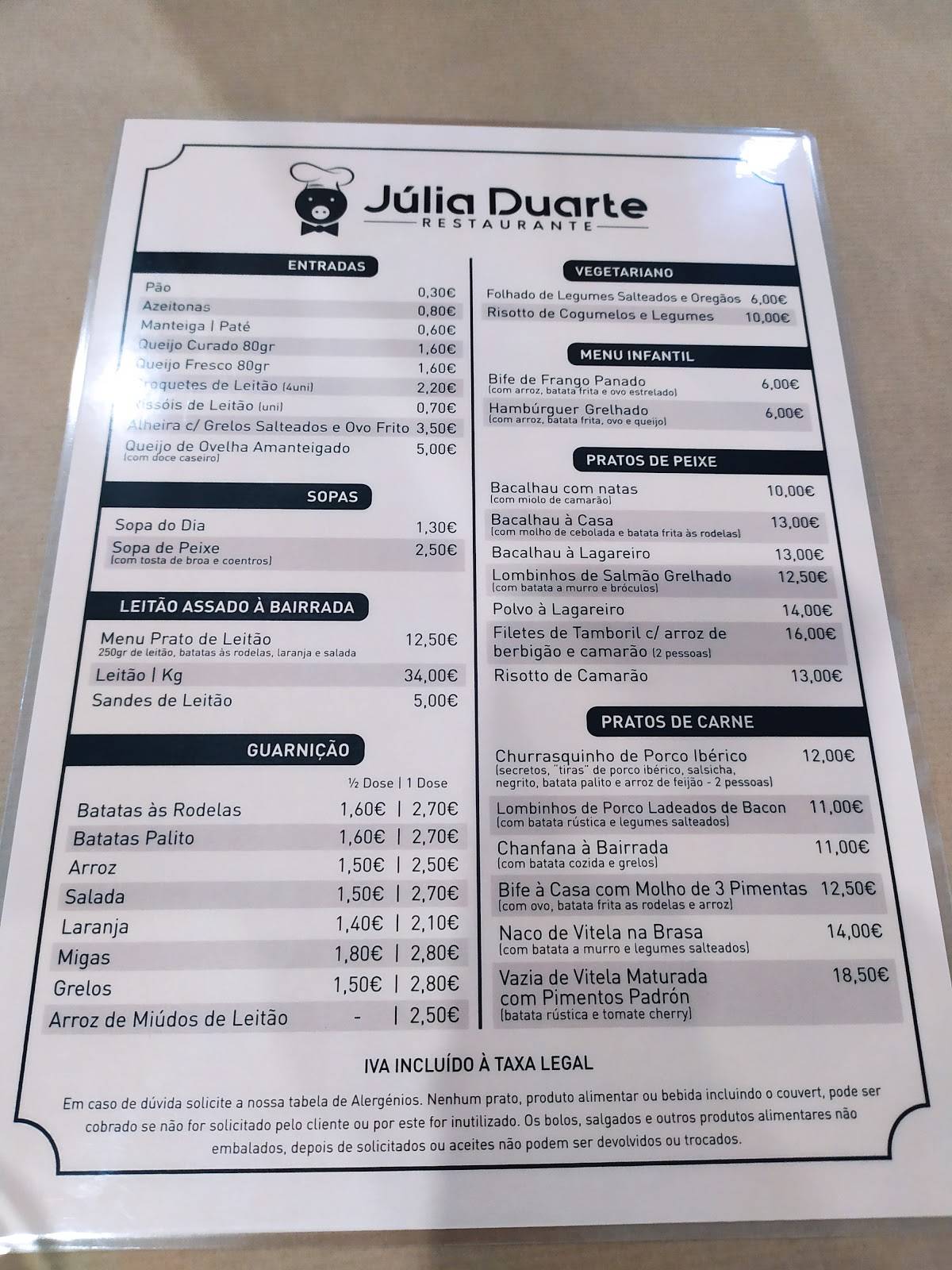 Menu em Restaurante Júlia Duarte, Murtede