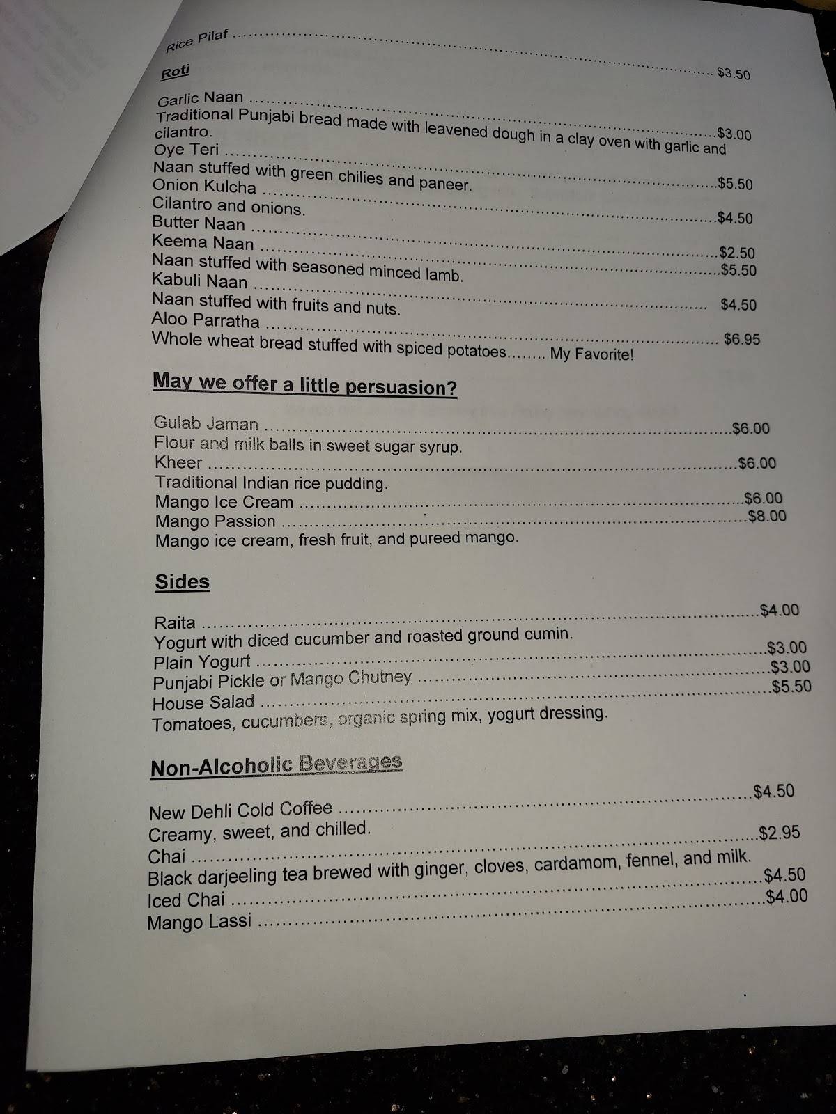 Menu at Junoon Flavors of India restaurant, Sacramento