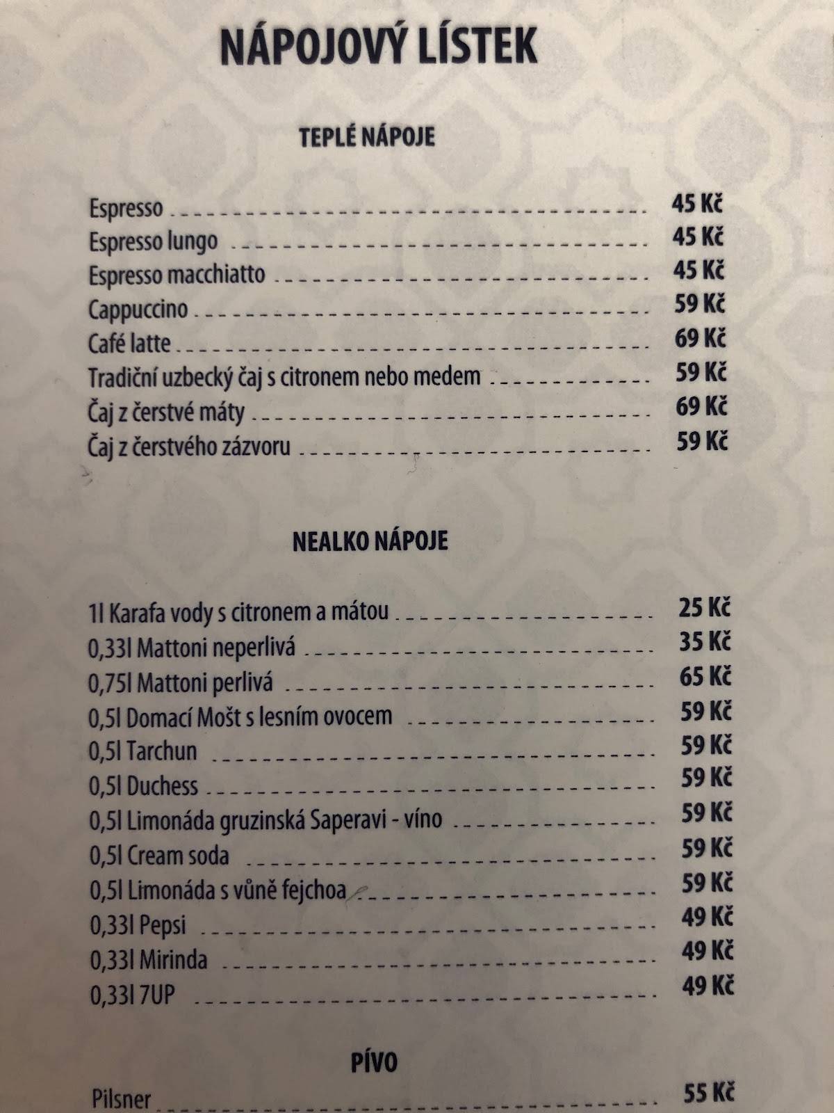 Menu at Karavan Bistro restaurant, Prague