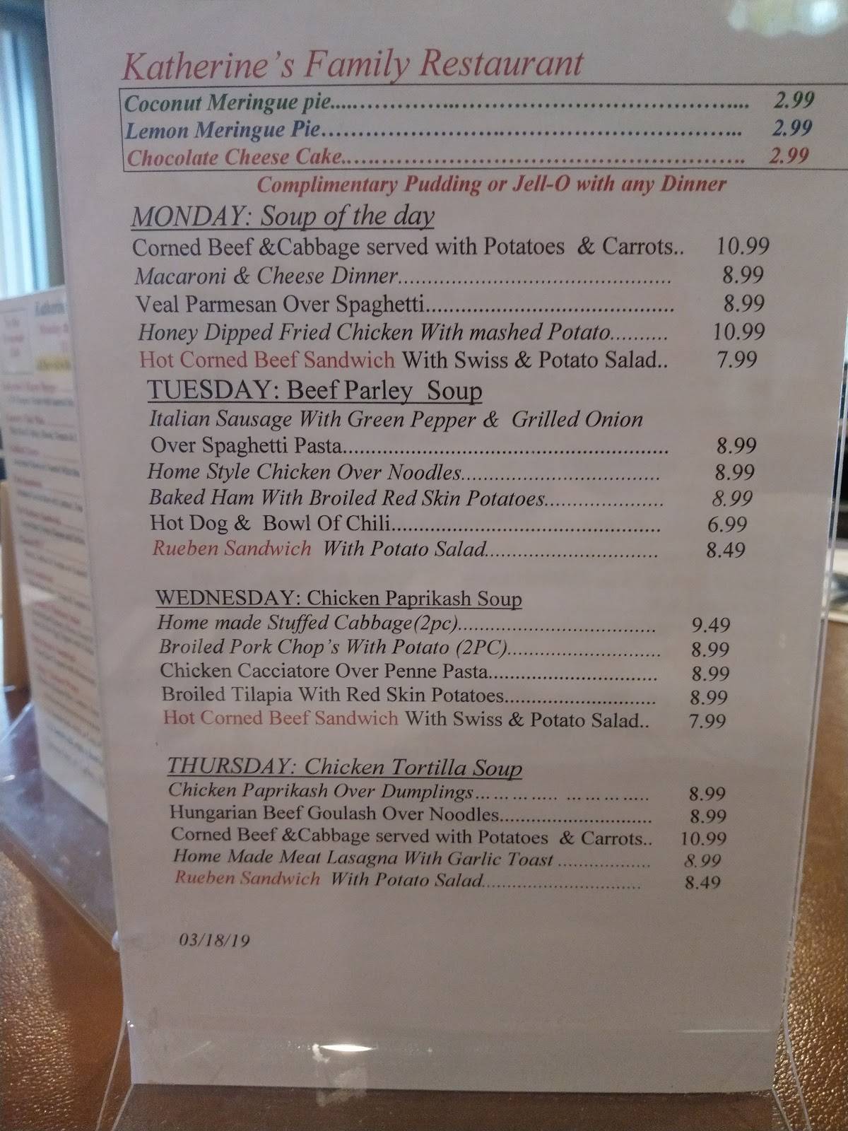 Menu at Katherine's Family Restaurant, Cleveland