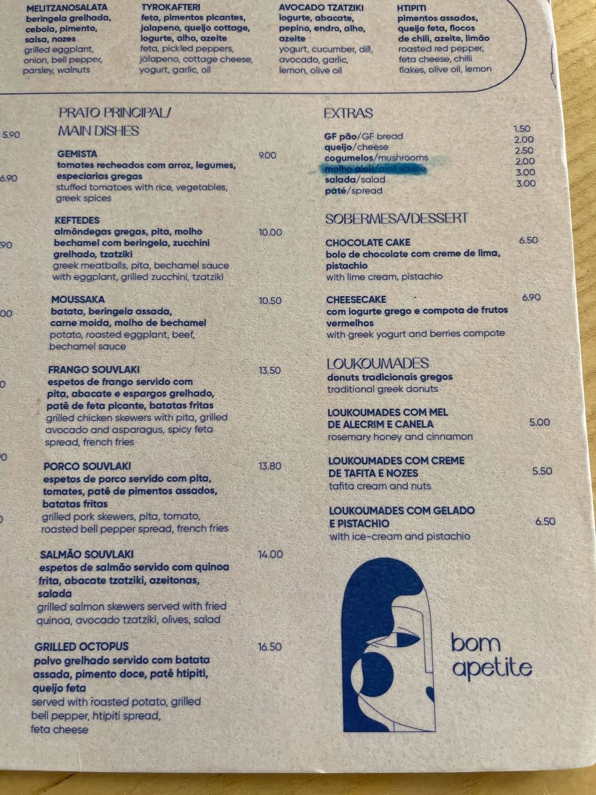 Menu at Kefi Greek Bistro restaurant, Lisbon