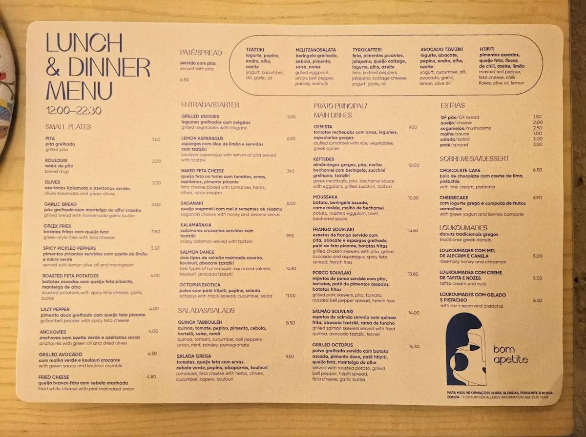 Menu at Kefi Greek Bistro restaurant, Lisbon