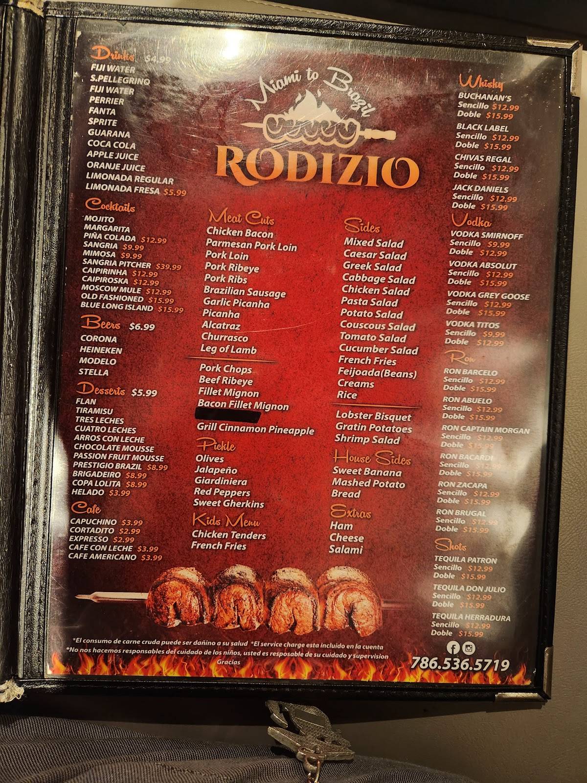 Menu at Miami to Brazil Rodizio steakhouse, Kendall West