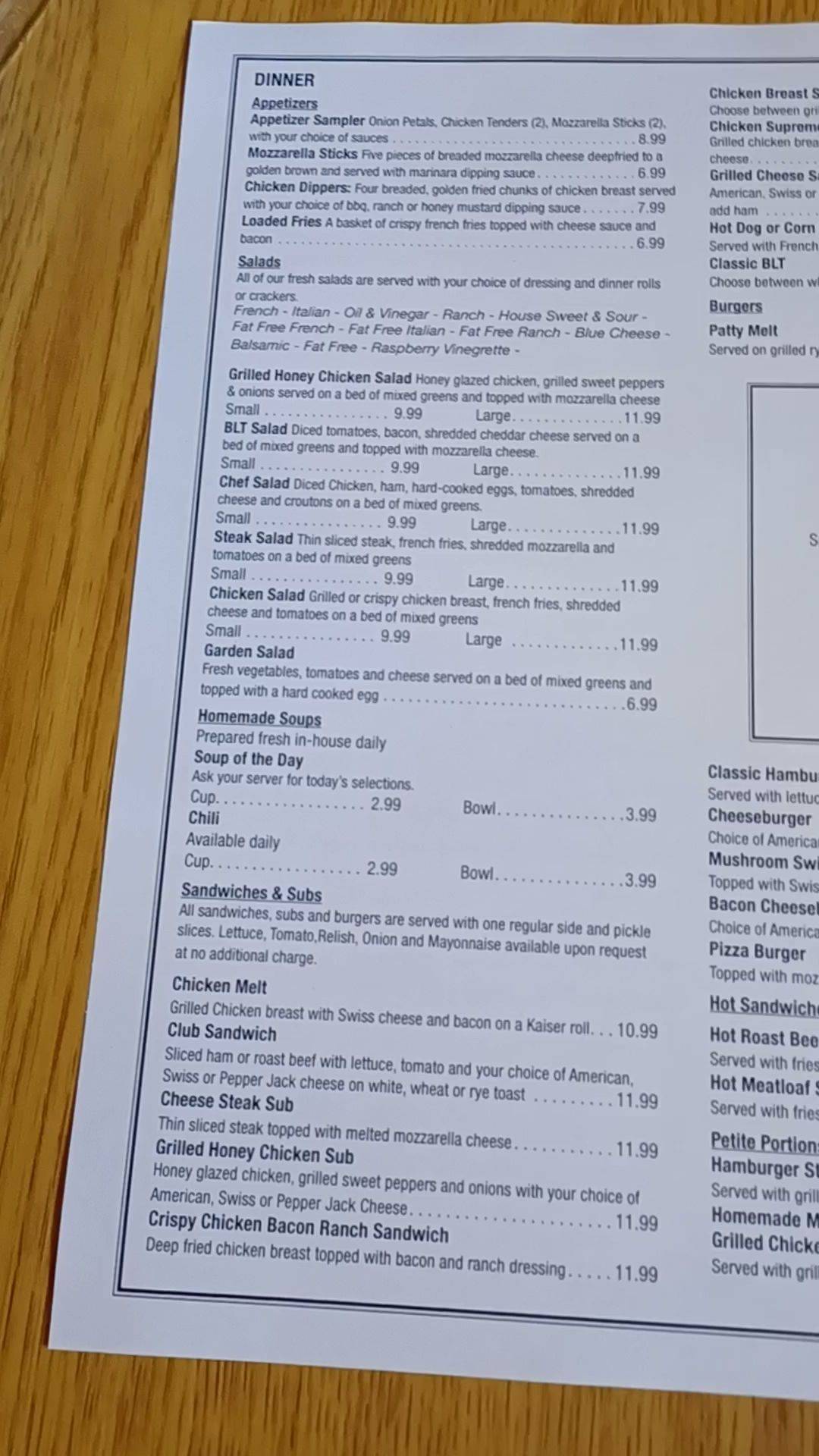 Menu at Key Largo's restaurant, Allport