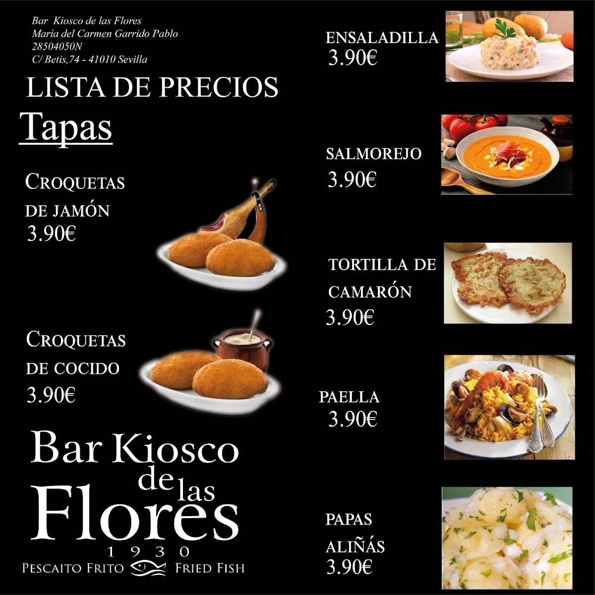 Menu at Kiosco de las Flores Terraza restaurant, Seville
