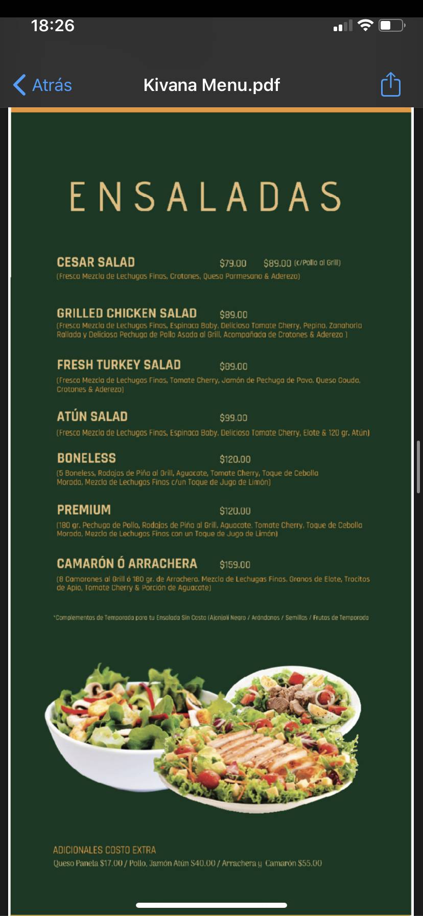 Carta del restaurante Kivana Wings, Uruapan