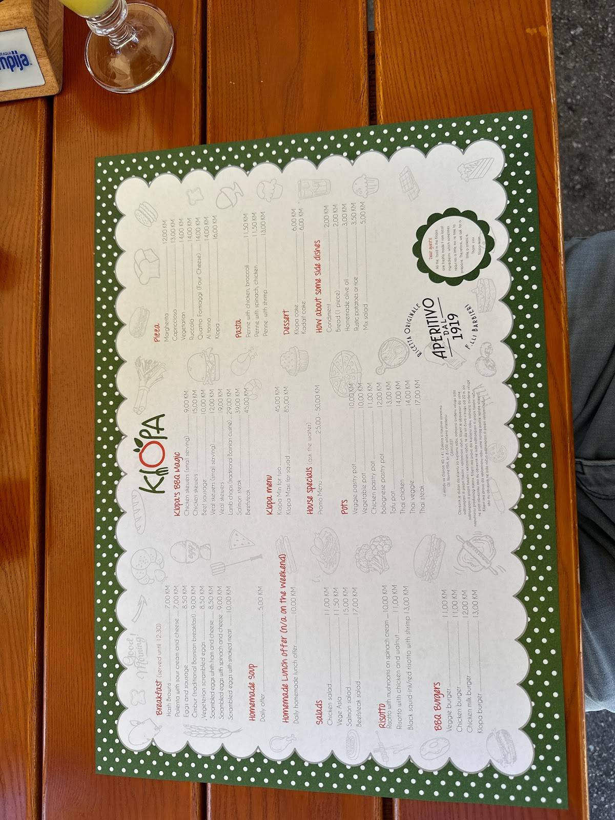 Menu at Klopa restaurant, Sarajevo