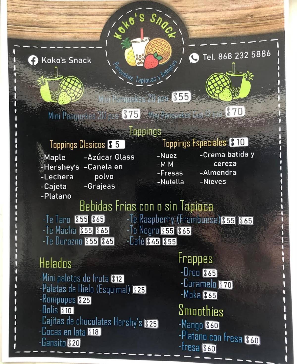 Menu at Koko's Snack restaurant, Valle Hermoso