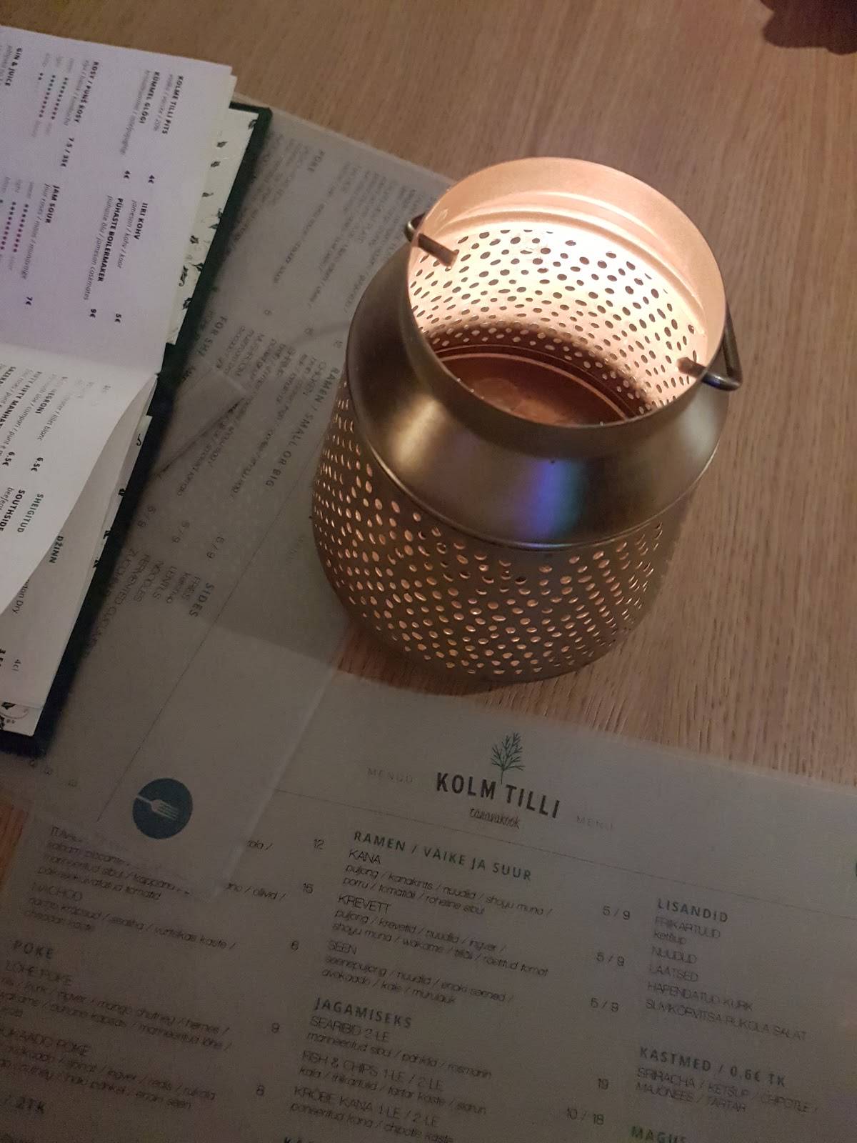 Menu at Kolm Tilli restaurant, Tartu