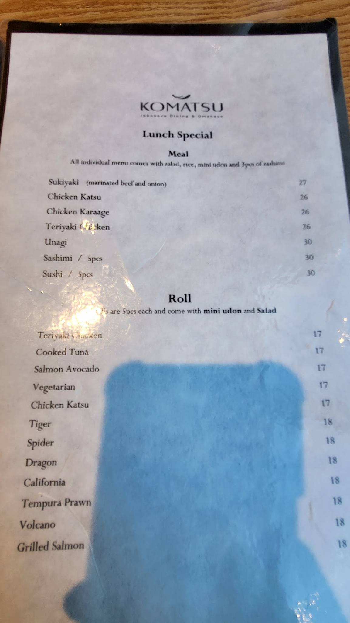 Menu at Komatsu Japanese Restaurant, Rhodes
