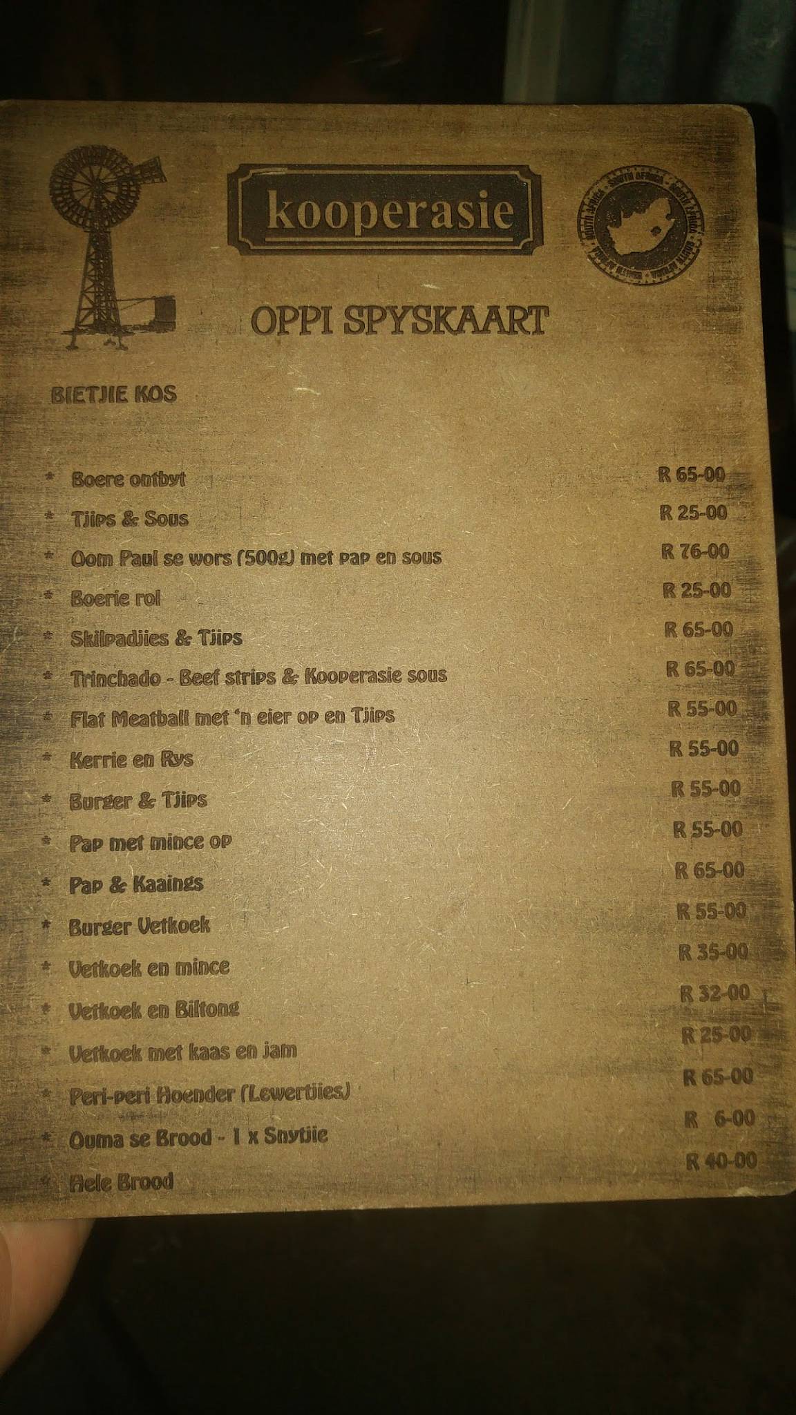 Menu at Kooperasie Kroeg & Kos restaurant, Potchefstroom