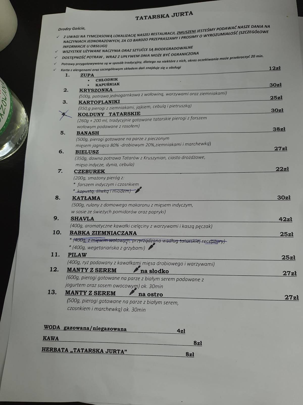 Menu at Tatarska Jurta - Dżenneta Bogdanowicz restaurant, Kruszyniany