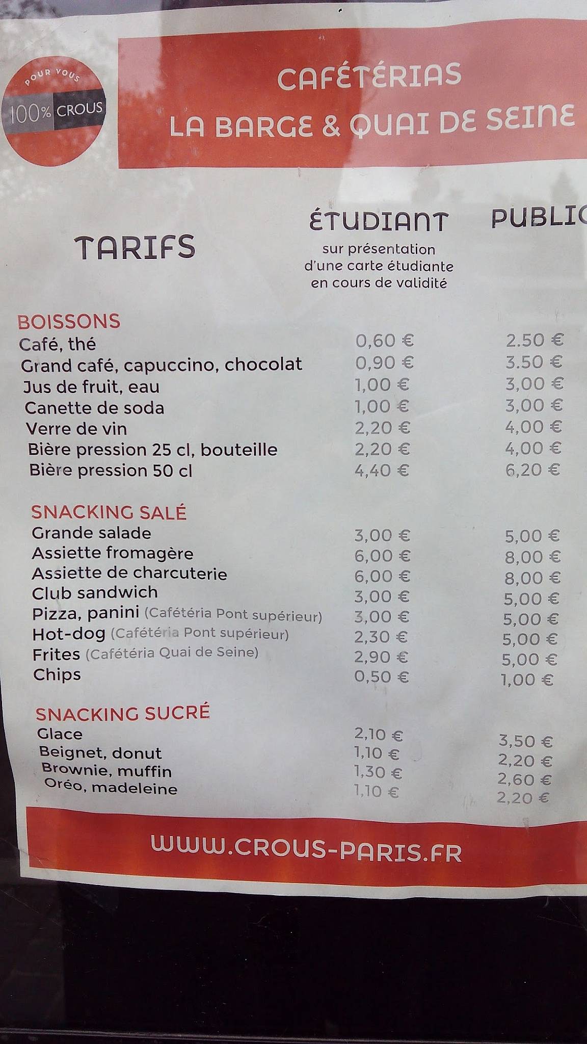 Menu au La Barge du CROUS de Paris, Paris, Quai François Mauriac