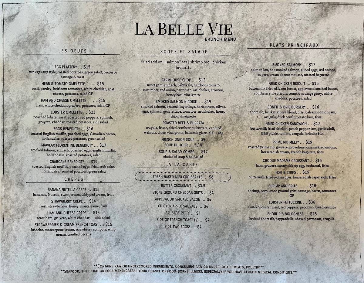 Menu at La Belle Vie Kitchen restaurant, Suwanee