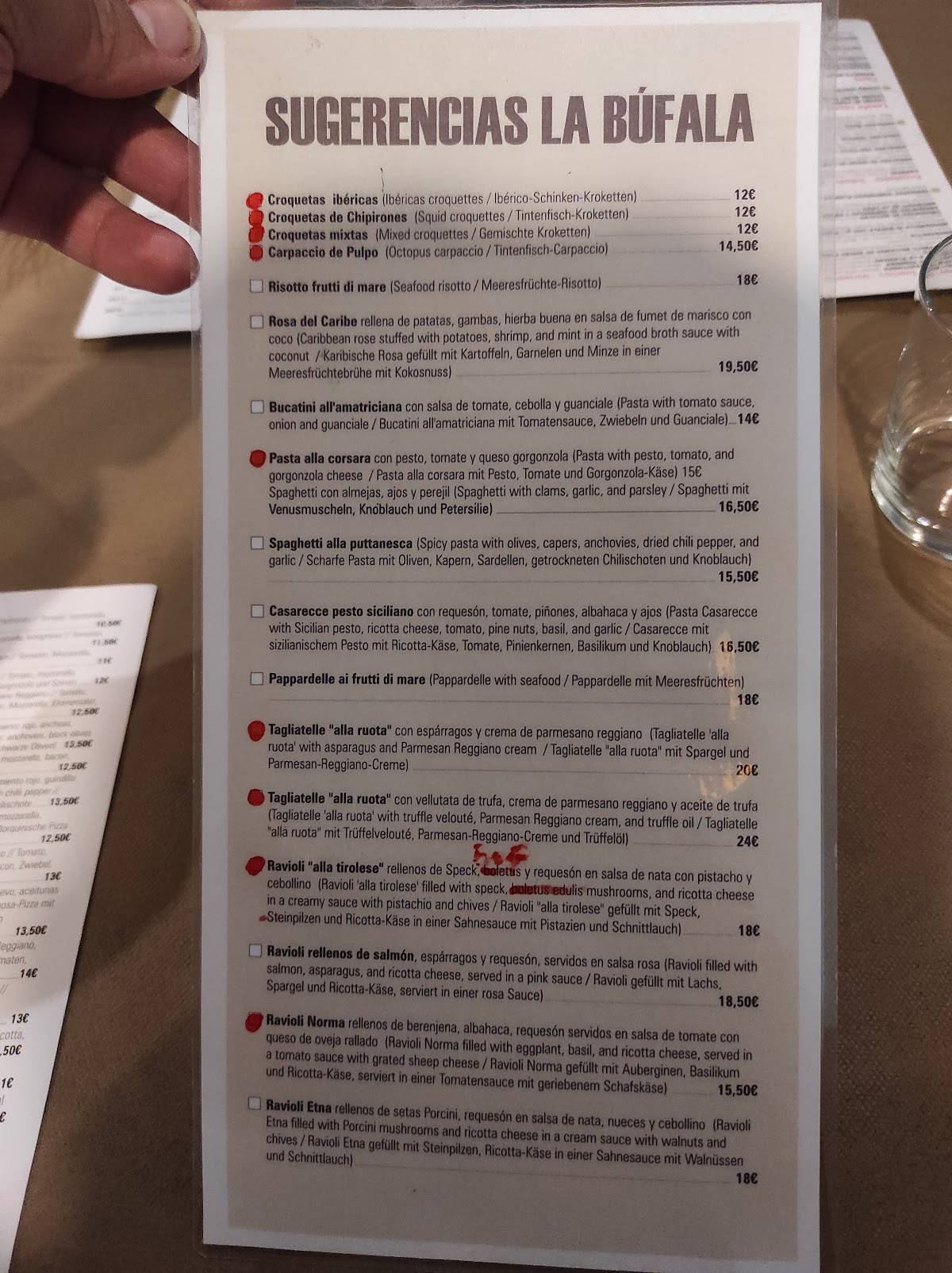 Carta de La Bufala Restaurante italiano, Alaró