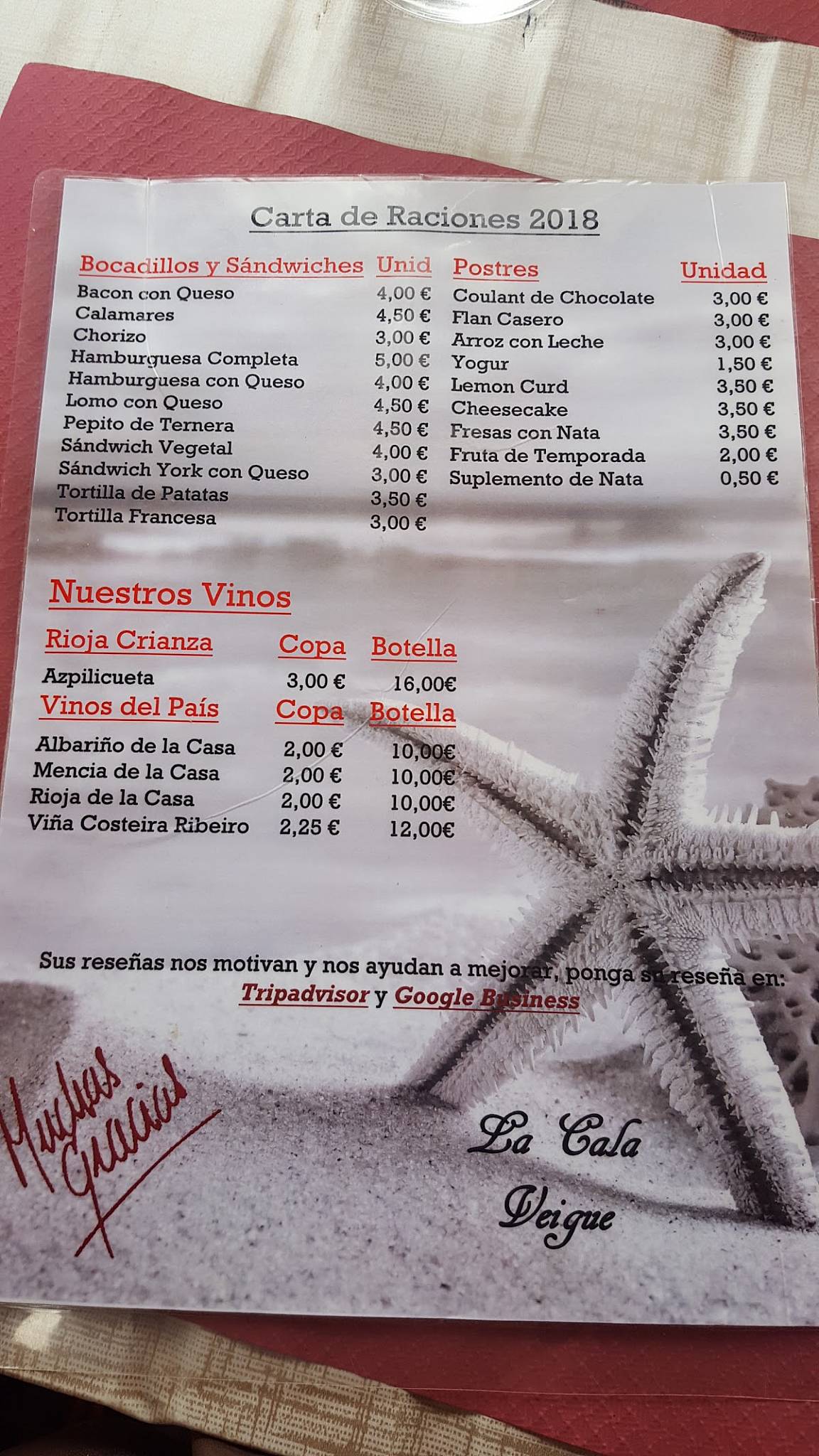 Carta del restaurante La Cala Veigue, Carnoedo
