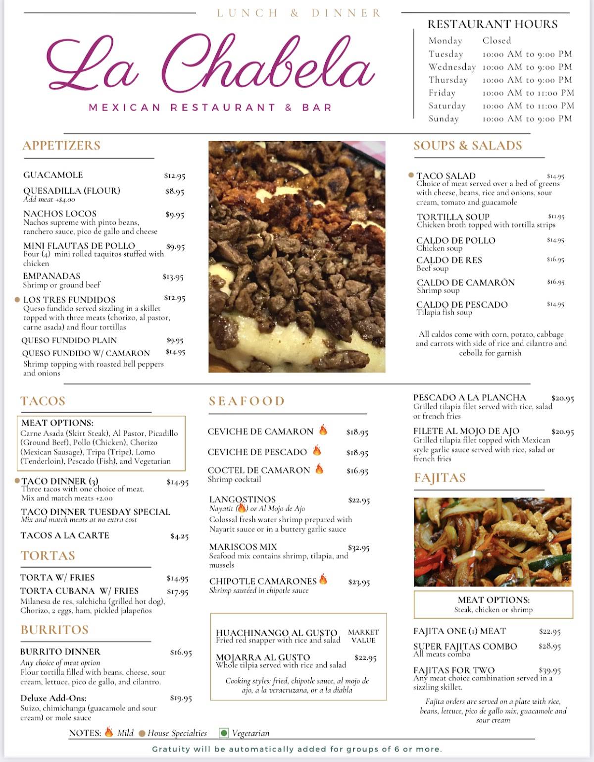 Menu at La Chabela Mexican Restaurant and Bar, Skokie