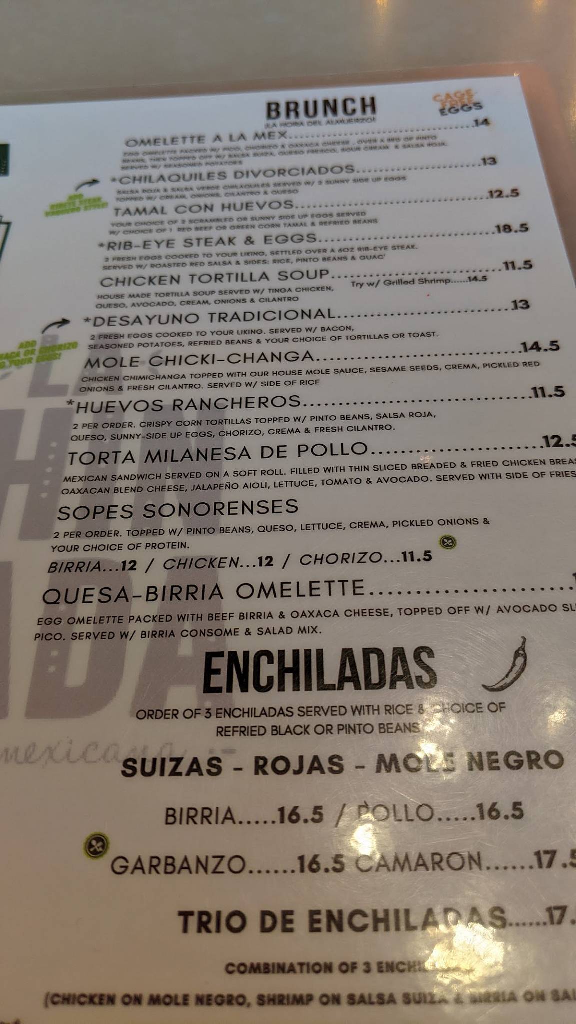 Menu at La Chingada Cocina Mexicana restaurant, Tucson