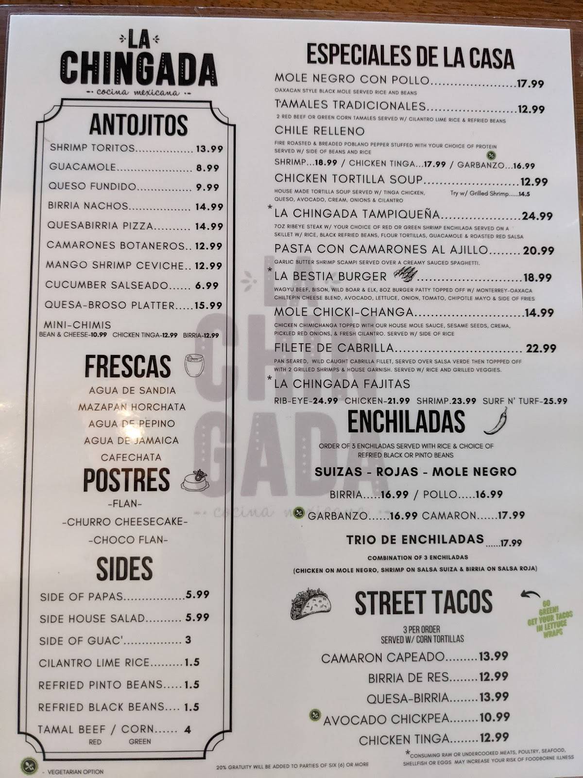 Menu at La Chingada Cocina Mexicana restaurant, Tucson