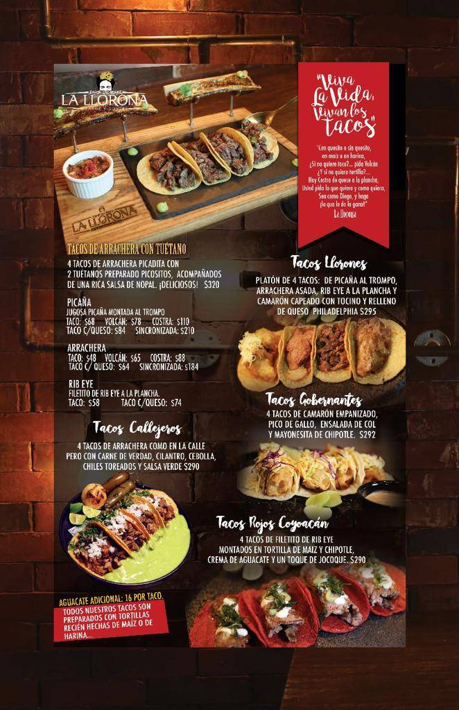 Carta del restaurante La Llorona Tacos y Cortes, Reynosa