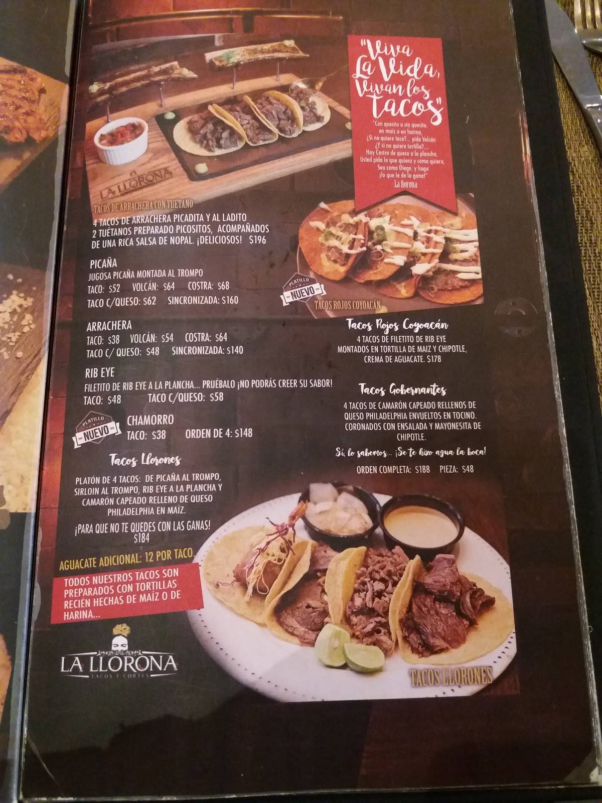 Carta del restaurante La Llorona Tacos y Cortes, Reynosa