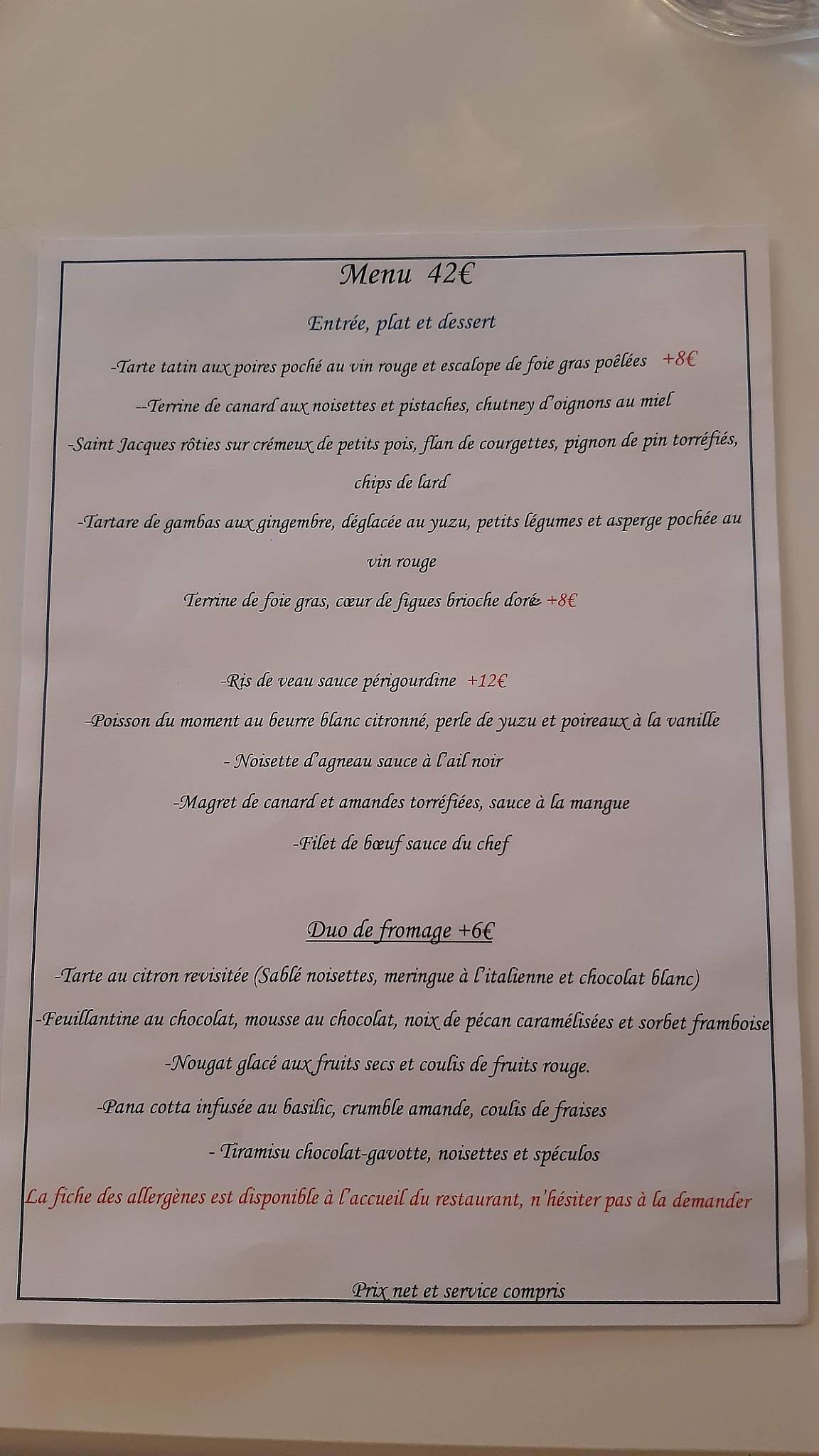 Menu au La Petite Forge restaurant, Villiers-le-Bâcle