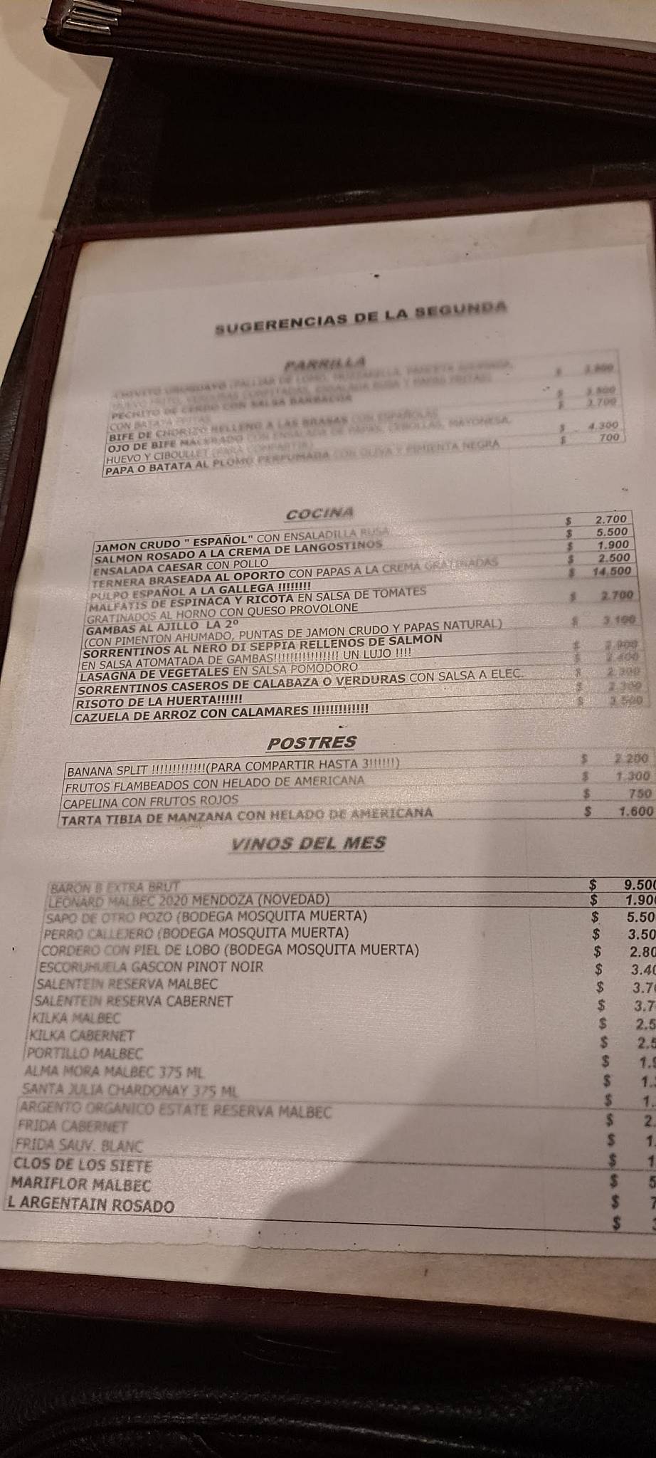 Carta de La Segunda Restaurante, Buenos Aires