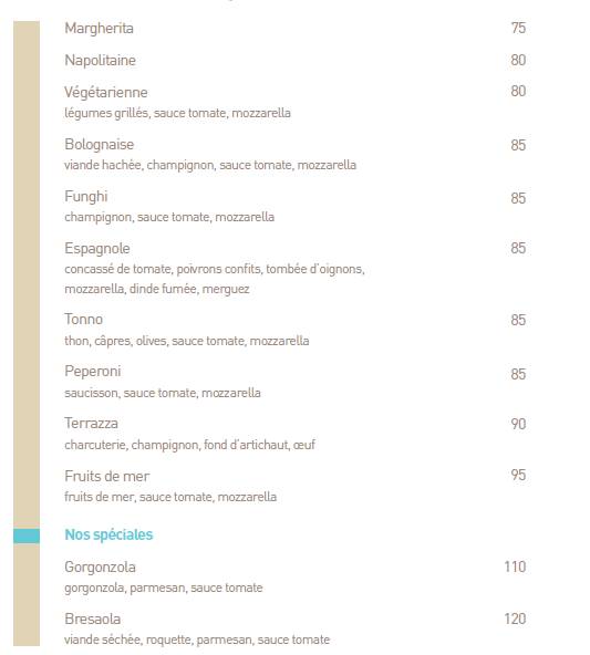 Menu au La Terraza restaurant, Rabat, Espace Les Laurier