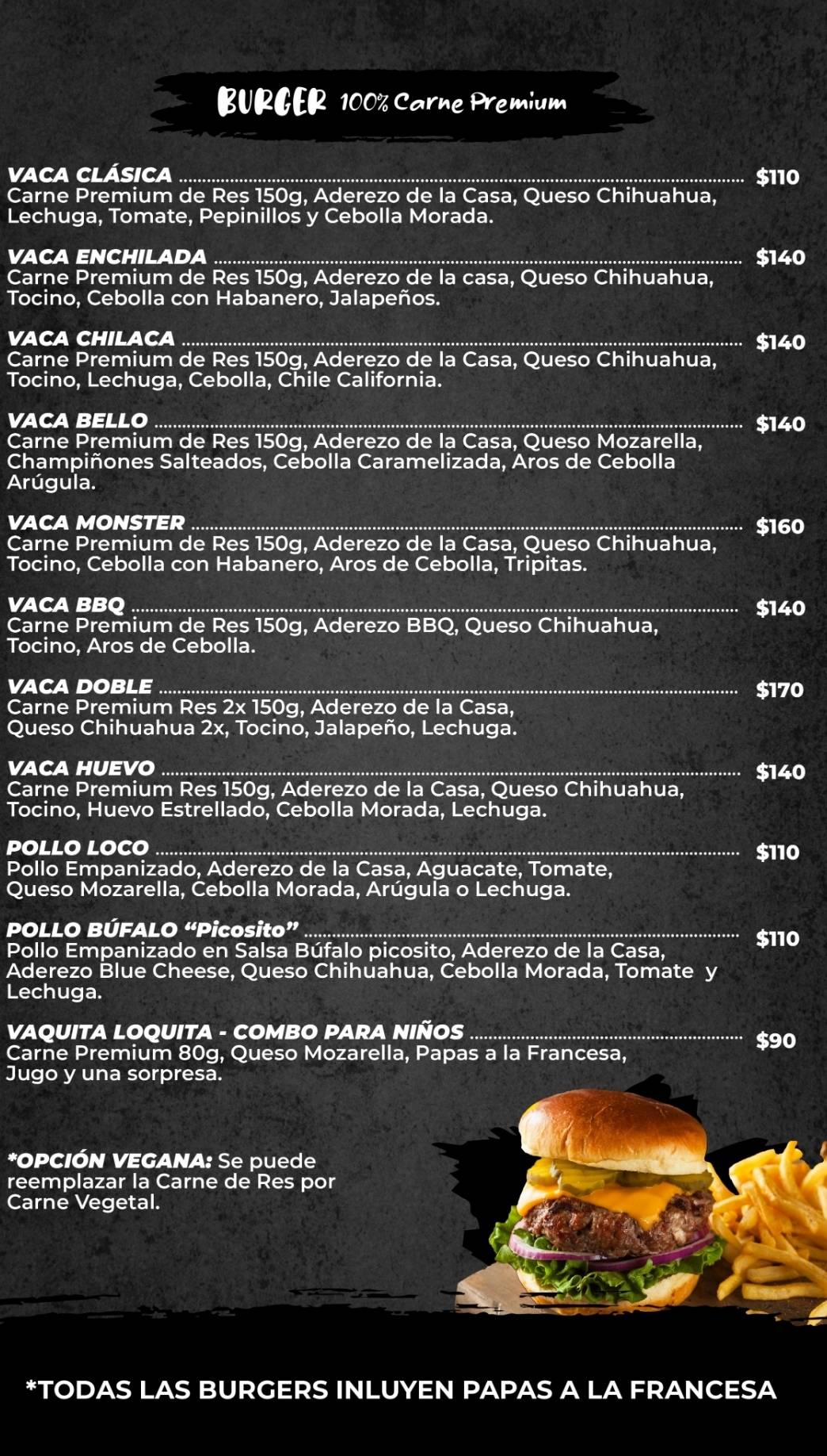 Carta del restaurante La Vaca Loca, Saltillo