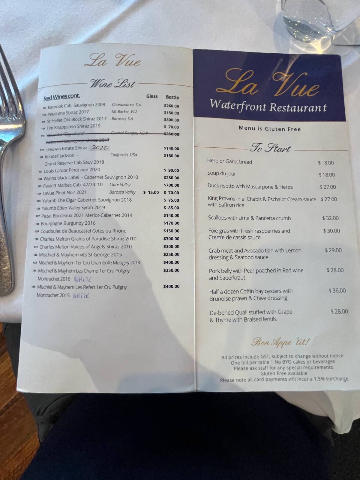 Menu at La Vue Waterfront Restaurant, Brisbane City