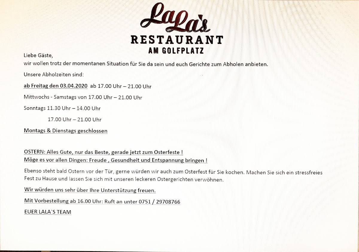 Speisekarte von LaLa's Restaurant am Golfplatz, Ravensburg