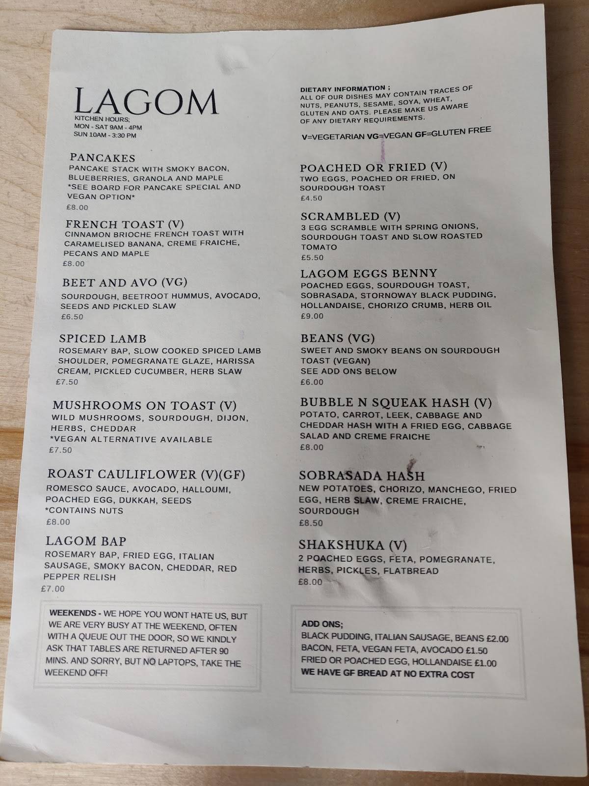 Menu at Lagom Kitchen cafe, Glasgow