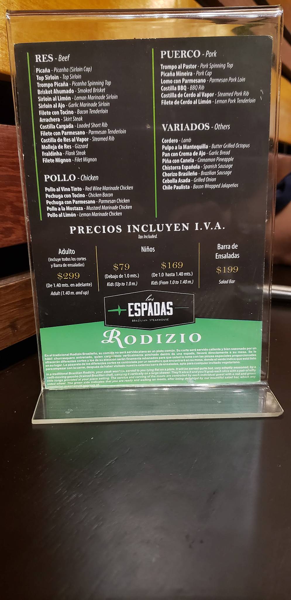 Carta del restaurante Las Espadas, Hermosillo