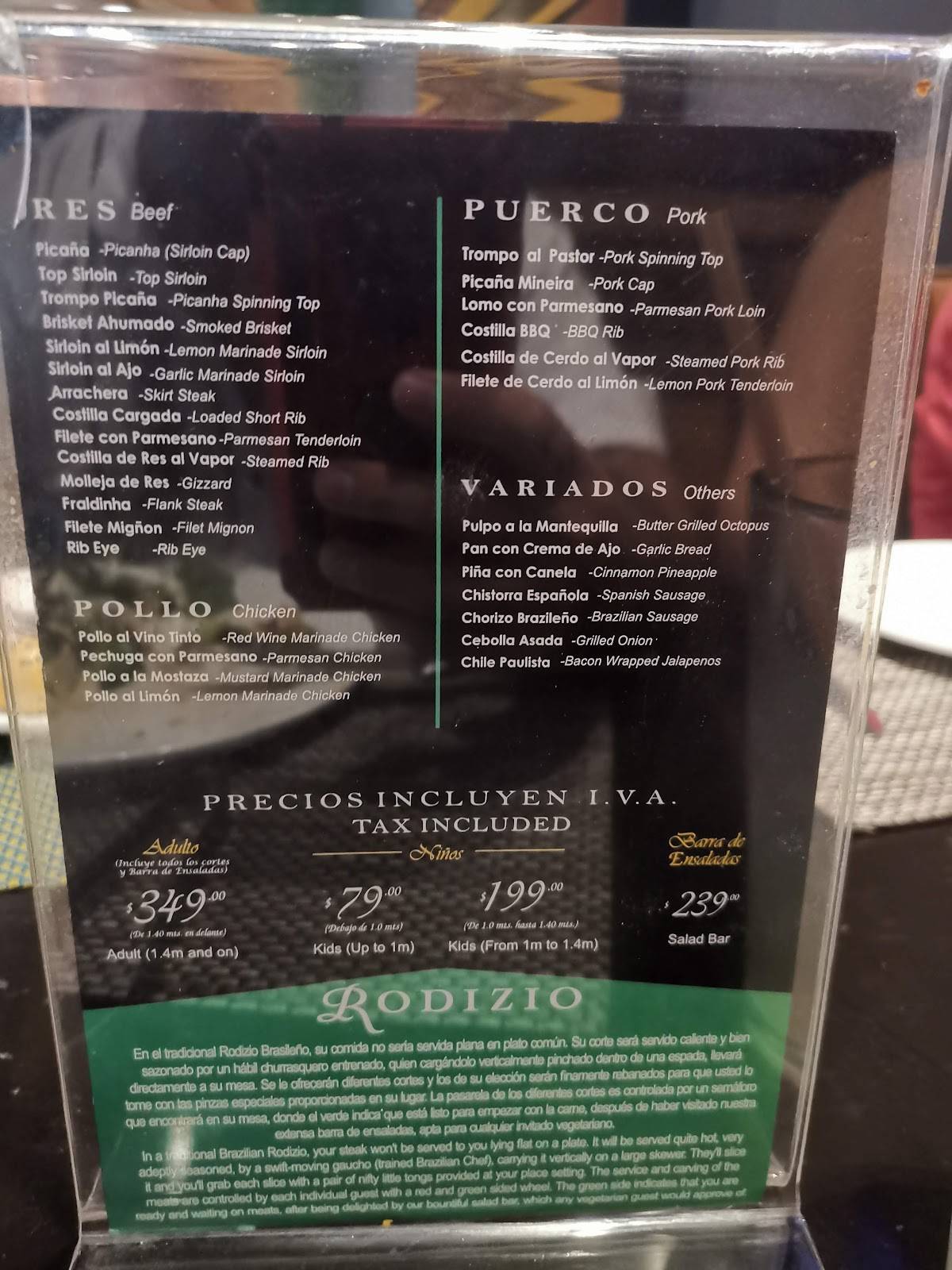 Carta del restaurante Las Espadas, Hermosillo