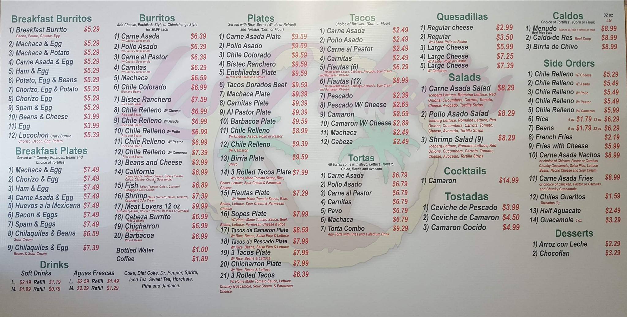 Menu at Las Palmitas Taco Shop restaurant, El Centro, S 4th St