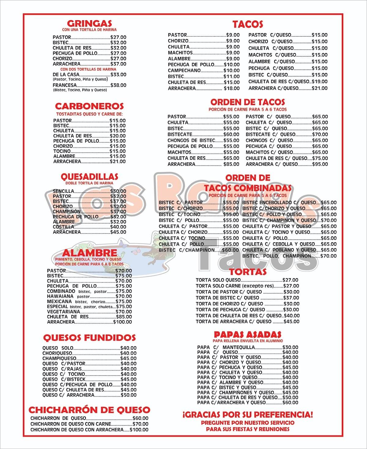 Carta del restaurante Las Ranas Taquería, San Luis Potosi