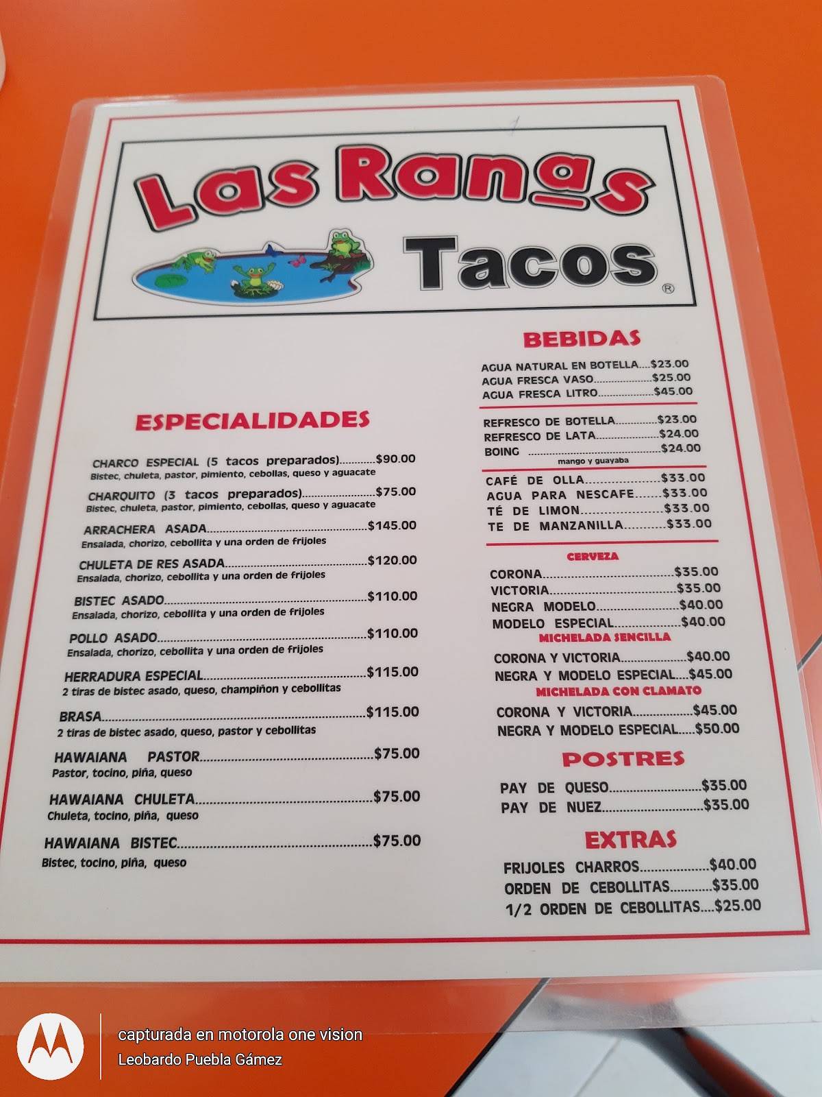 Carta del restaurante Las Ranas Taquería, San Luis Potosi