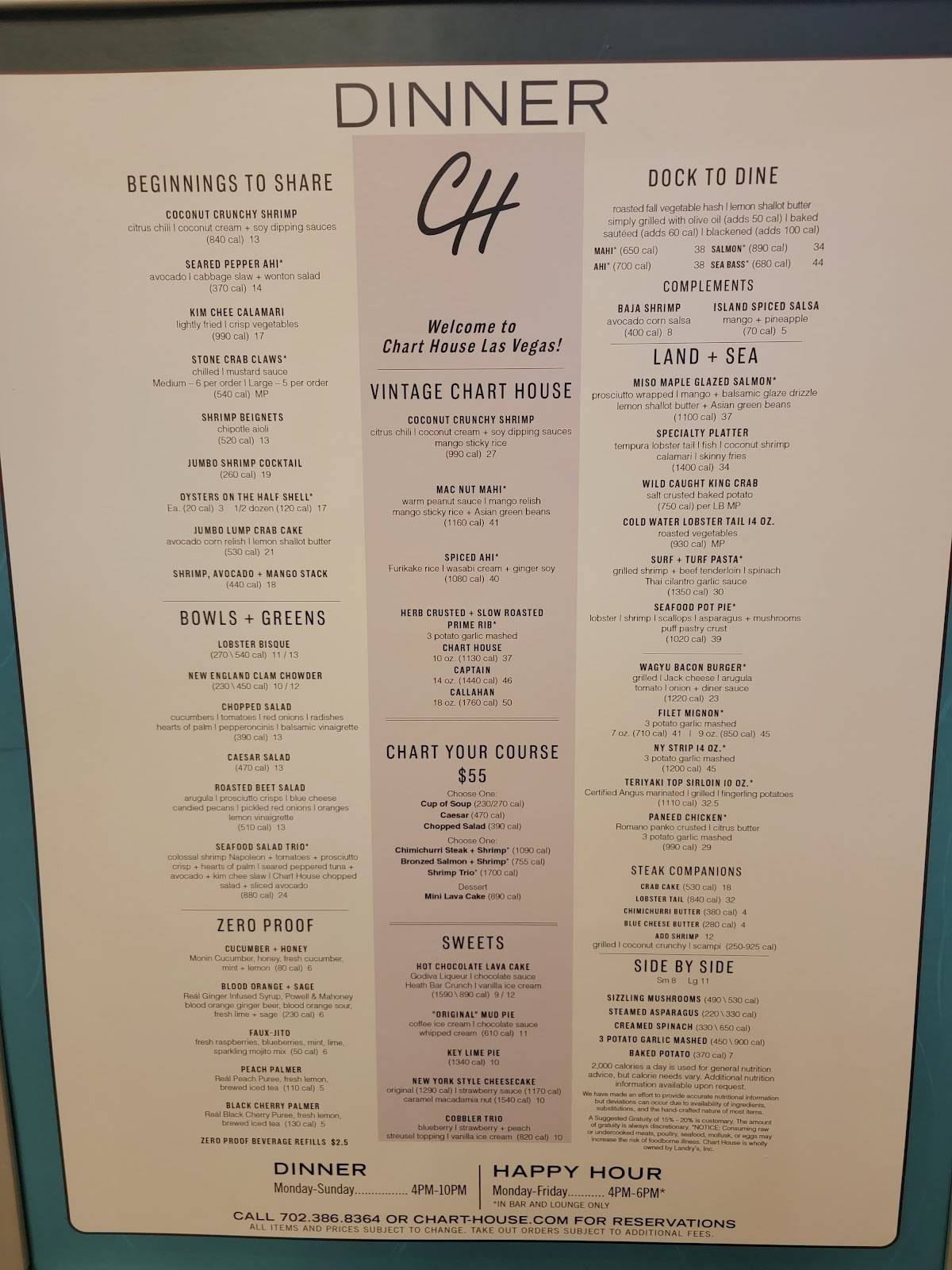 Menu at Chart House steakhouse, Las Vegas