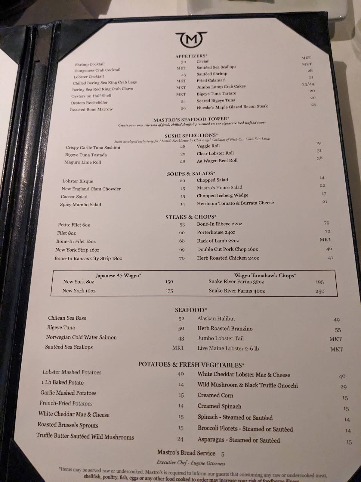 Menu at Mastro's Ocean Club, Las Vegas
