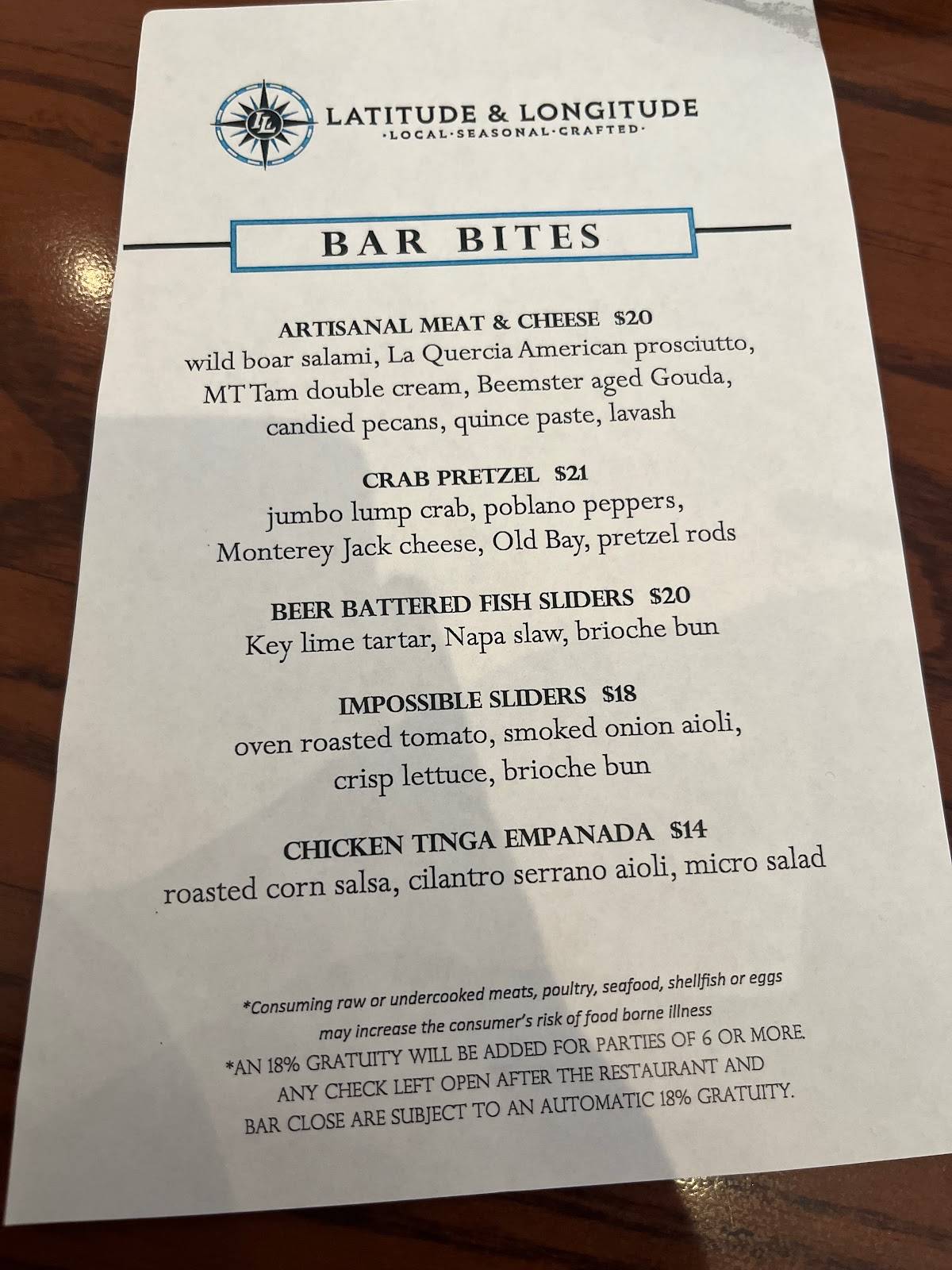 Menu at Latitude & Longitude restaurant, Orlando, World Center Dr