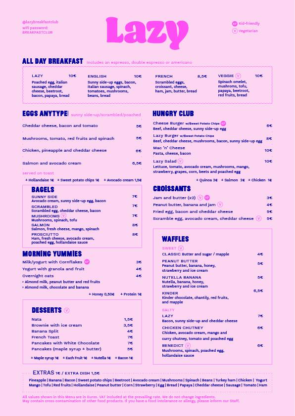 Carta de Lazy Breakfast Club, Oporto