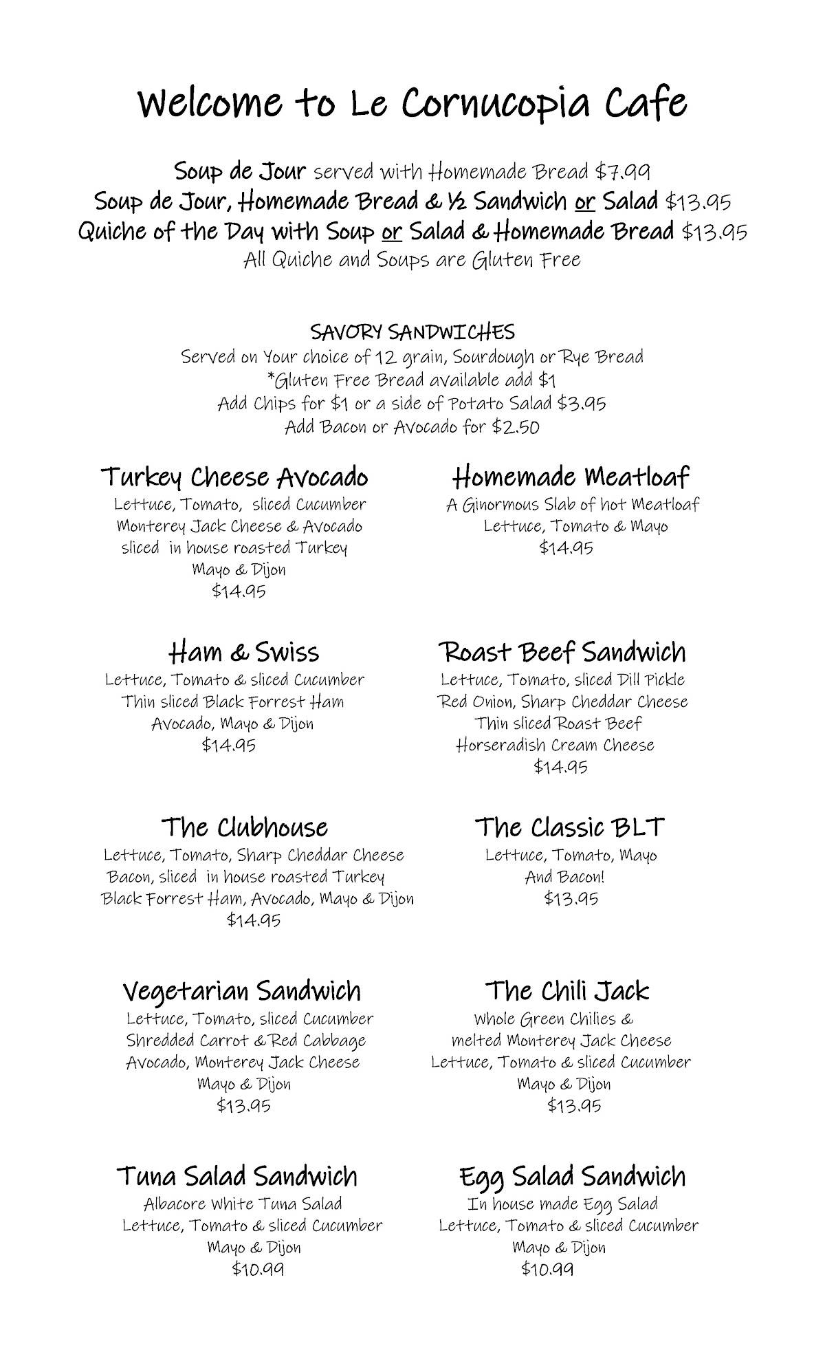 Menu at Le Cornucopia Café cafe, Bisbee